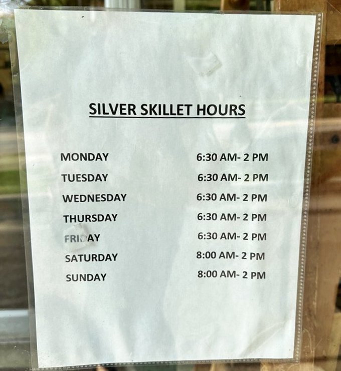 Hours posted with the confidence of a place that knows exactly what it is. No late-night identity crisis here&mdash;just breakfast and lunch perfection six days a week.