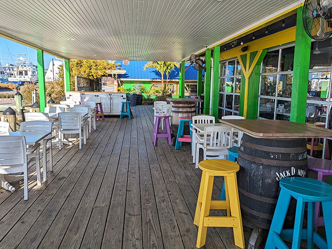 Colorful stools and barrel tables create the perfect setting for that "I can't believe we live close enough to come here regularly" feeling.