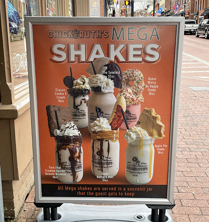 The "Mega Shakes" sign serves as both advertisement and warning: prepare your sweet tooth for the experience of a lifetime.