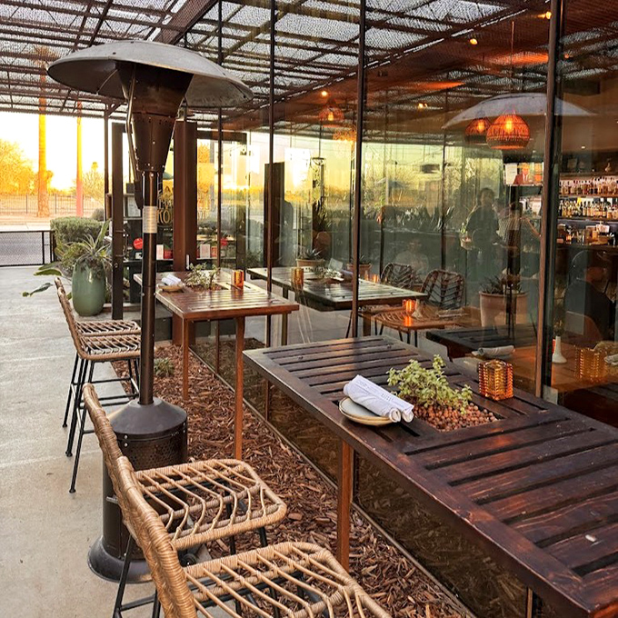 The outdoor patio offers desert dining with protection from the elements&mdash;Arizona sunshine by day, starlit conversations by night.