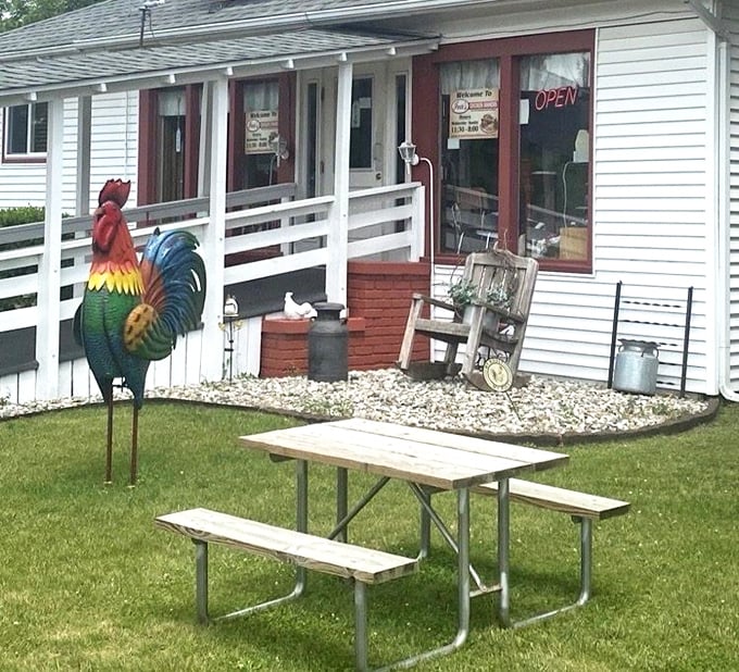 The outdoor picnic table sits beneath the watchful eye of the colorful rooster guardian. Some summer days demand eating exceptional chicken while enjoying Michigan sunshine.