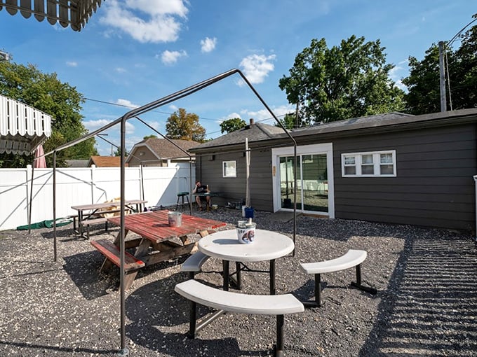 The outdoor patio isn't fancy, but on perfect Illinois days, those simple picnic tables become the best seats in town. Fresh air makes everything taste better.