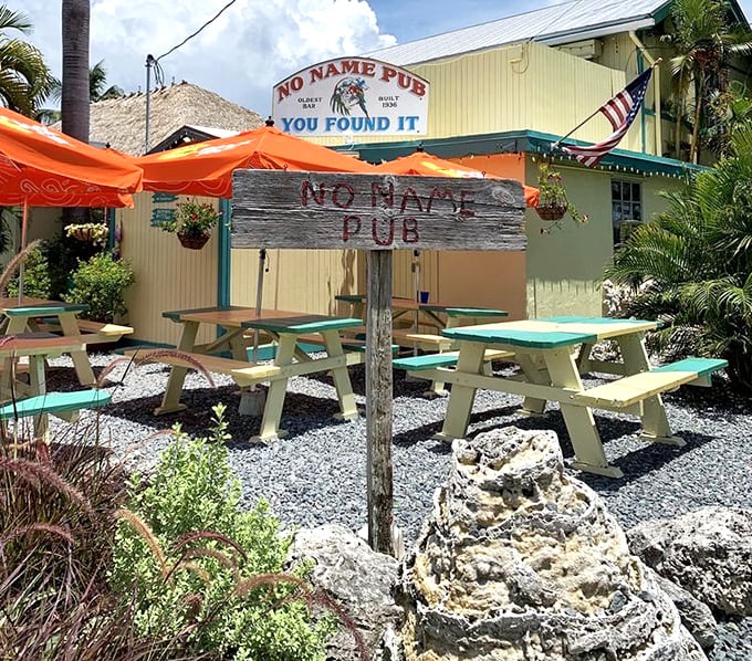 The outdoor patio offers a breather from the sensory overload inside &ndash; picnic tables under Florida sunshine with that unmistakable Keys vibe.