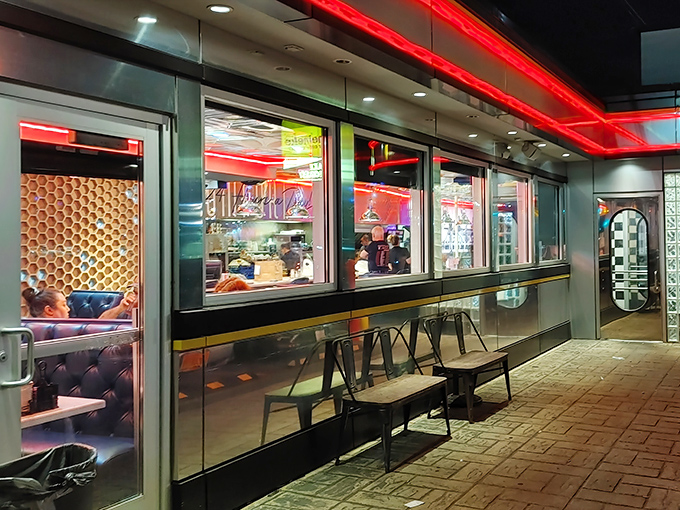 Nighttime at the Honey Bee transforms the diner into an Edward Hopper painting with neon accents and the promise of pie inside.