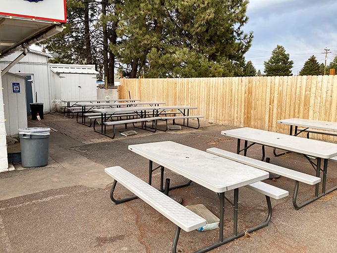 Simple picnic tables in the back offer a no-frills dining experience where the food, not the furniture, takes center stage.