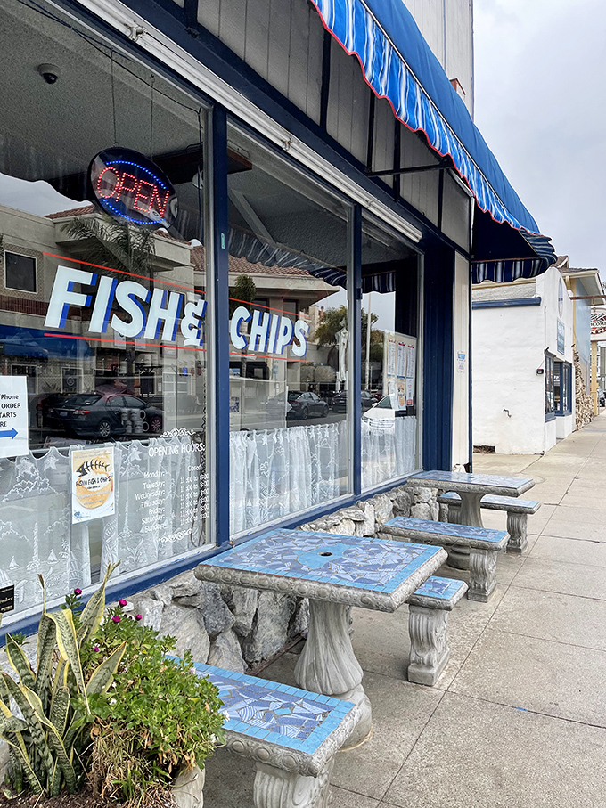 Blue mosaic tables outside offer al fresco dining with a side of people-watching. California sunshine not included, but usually available.