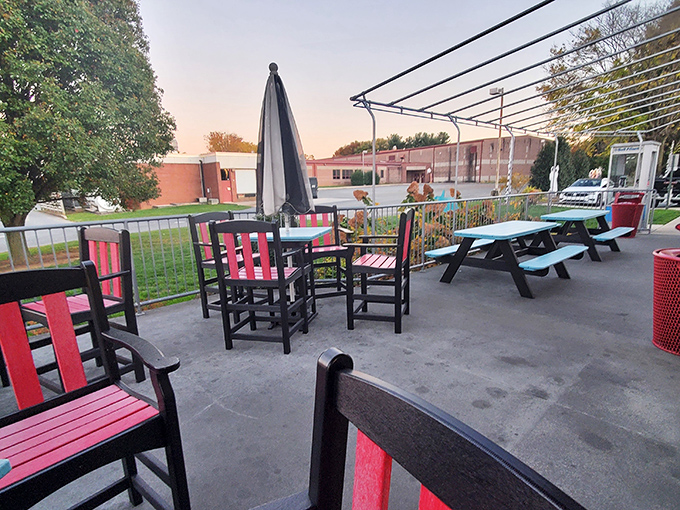 The outdoor seating area offers a breath of fresh air with the same retro charm, perfect for those Pennsylvania summer evenings.