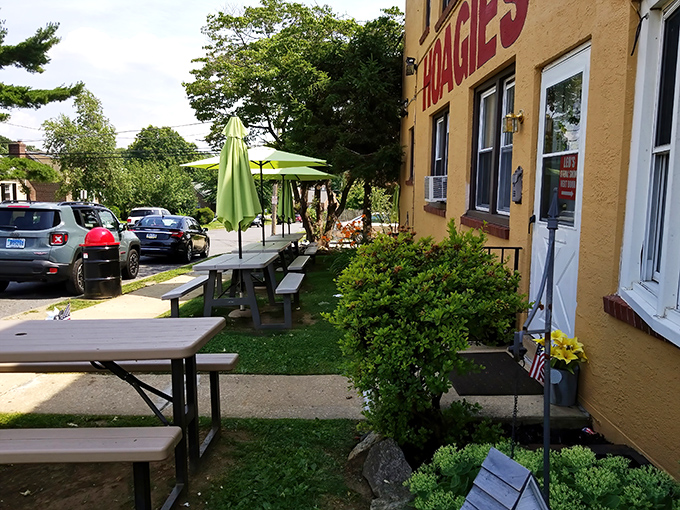 A peaceful oasis for outdoor dining. Those picnic tables have witnessed countless moments of sandwich-induced bliss.