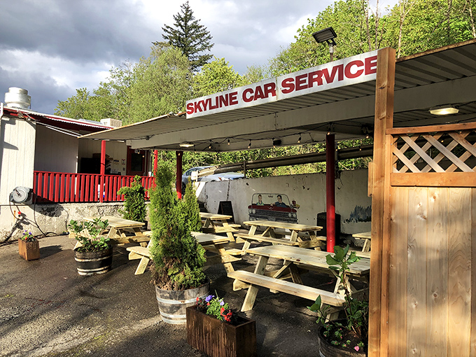 Outdoor picnic tables nestled among greenery offer a perfect summer setting for enjoying burgers while contemplating absolutely nothing important whatsoever.