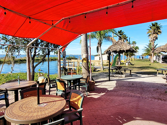 Outdoor dining under the red canopy offers lake breezes and vitamin D with your meal. Paradise isn't always about white sand beaches.