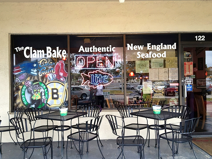 The modest patio entrance announces its Boston allegiance with pride. No ocean view needed when the seafood speaks for itself.