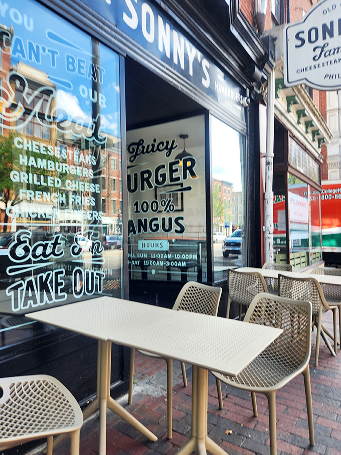You Can't Beat Our Meat &ndash; both a bold claim and, after one bite, an undeniable truth. Sidewalk seats offer prime people-watching.