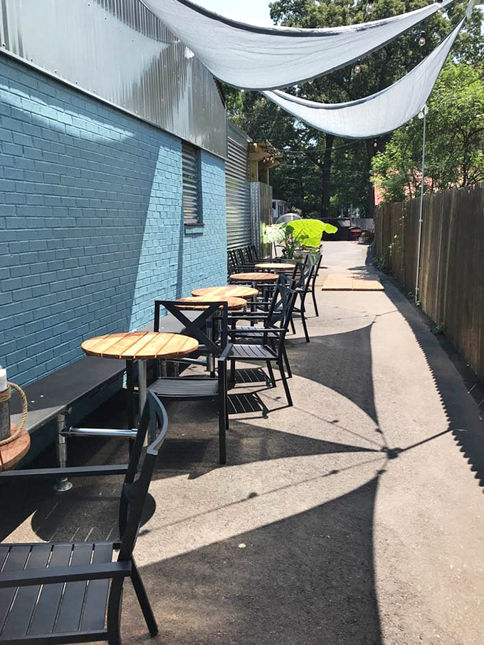 Outdoor seating under sail-like canopies&mdash;because sometimes you need a gentle reminder that you're on an urban adventure, not actually in Hawaii.