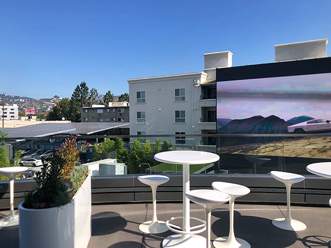 Outdoor seating with a view of Los Angeles &ndash; because sometimes you need fresh air while contemplating how food this good exists.