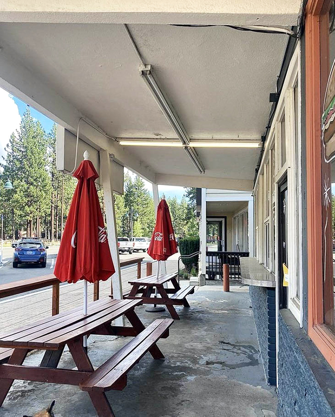 The outdoor seating area offers pine-scented dining with a side of mountain views. Those picnic tables have hosted countless vacation memories and ketchup battles.