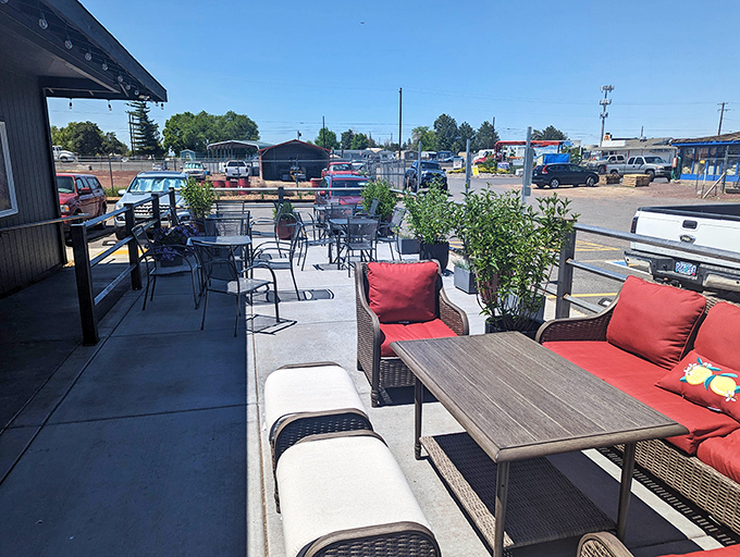 The outdoor patio offers a breath of fresh Oregon air with your meal. Red cushions invite you to linger over that second cup. 