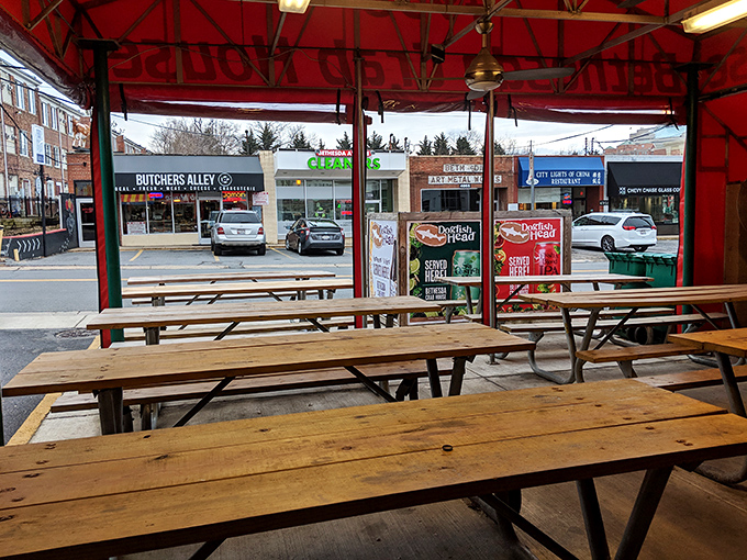 Picnic tables under the red awning offer al fresco crab-cracking when Maryland's weather cooperates. Simple pleasures in suburban surroundings.