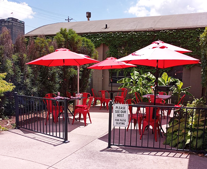 Outdoor seating that says "summer in Columbus" with its cheerful red umbrellas. Vitamin D and vitamin P(ierogi) make a perfect pairing.