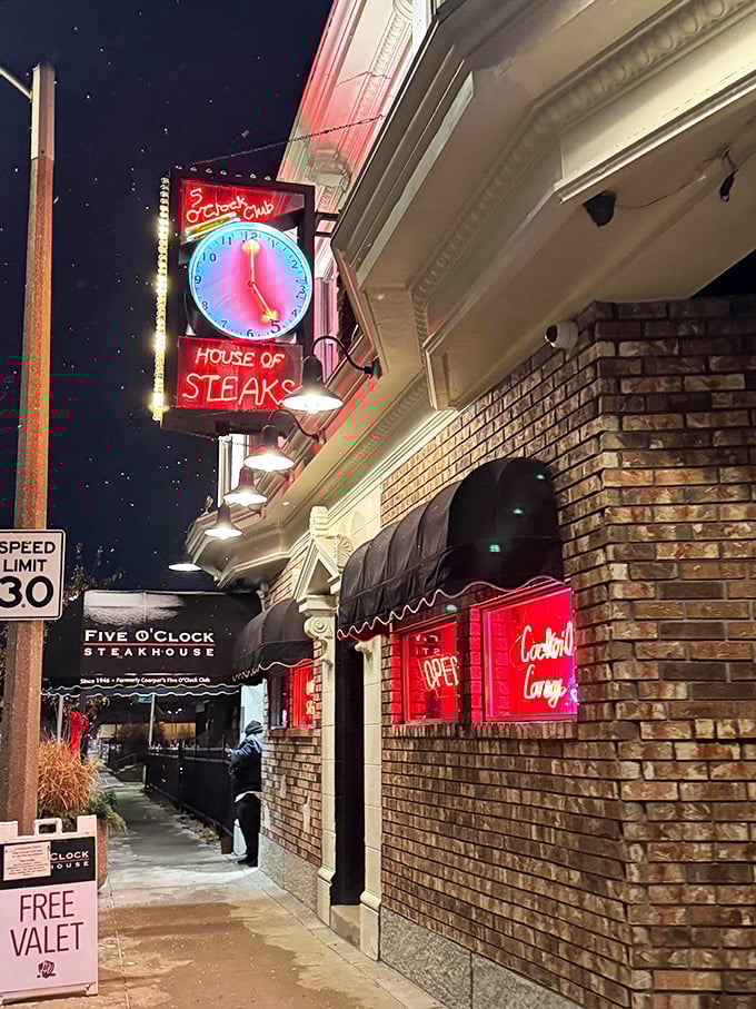 The iconic neon clock sign glows like a beacon for meat lovers. When it strikes five, Milwaukeeans know exactly where they should be.