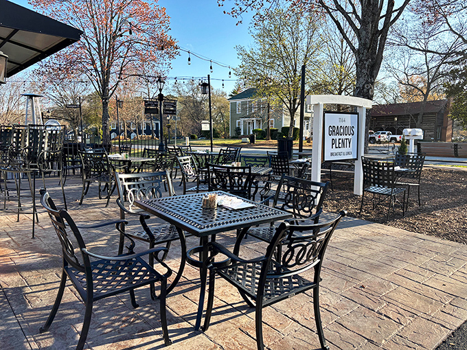 Outdoor seating that captures that perfect Georgia morning—where coffee steam meets sunshine and breakfast tastes even better al fresco.