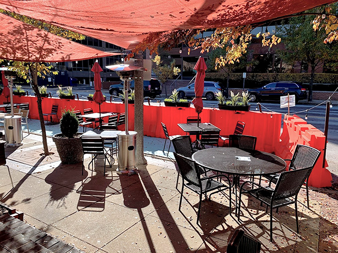 The outdoor seating area offers fresh air with your fresh ingredients. Red umbrellas provide shade almost as satisfying as the menu.