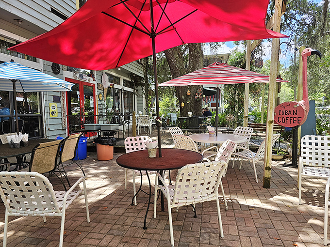 Al fresco dining where the entertainment includes both musicians and passing small-town life.
