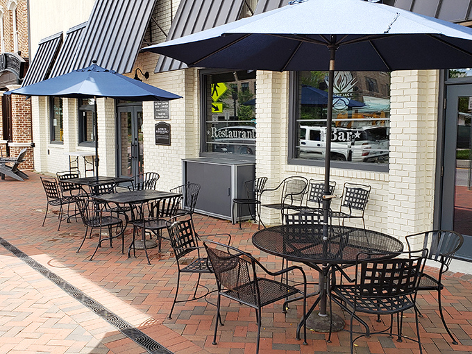 Outdoor seating where the brick-paved streets of Alpharetta provide the perfect backdrop for sauce-stained fingers and satisfied smiles.