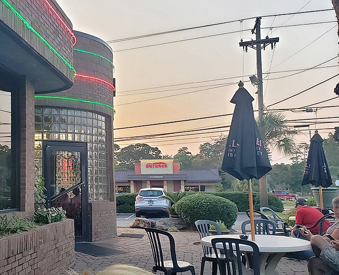 Al fresco dining with a side of people-watching. These outdoor tables offer a perfect perch for enjoying Myrtle Beach evenings and the restaurant's legendary cuisine.