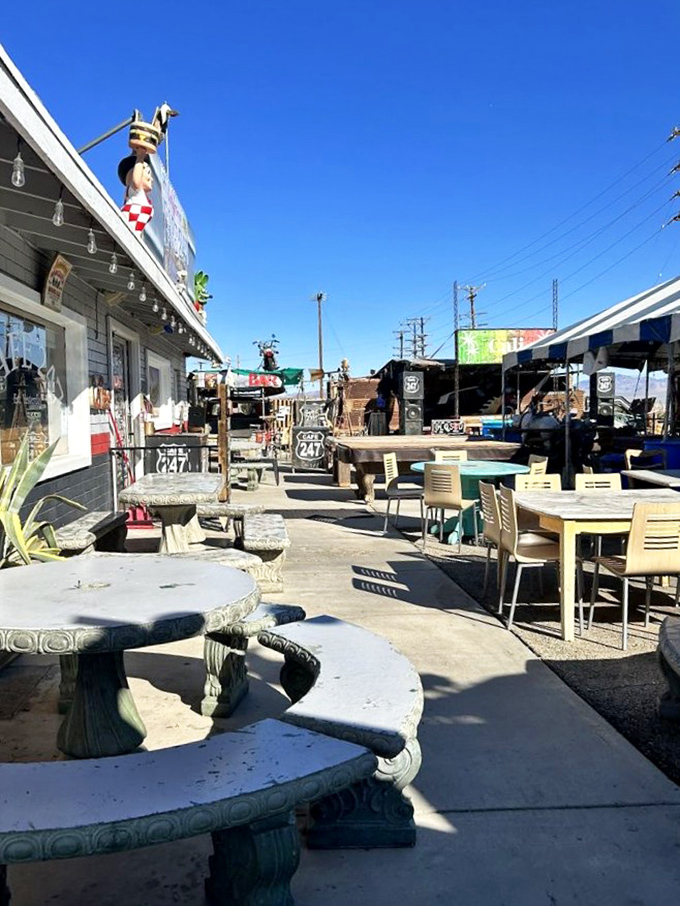Al fresco dining, desert style. These outdoor tables offer respite from the road and front-row seats to spectacular Mojave skies.