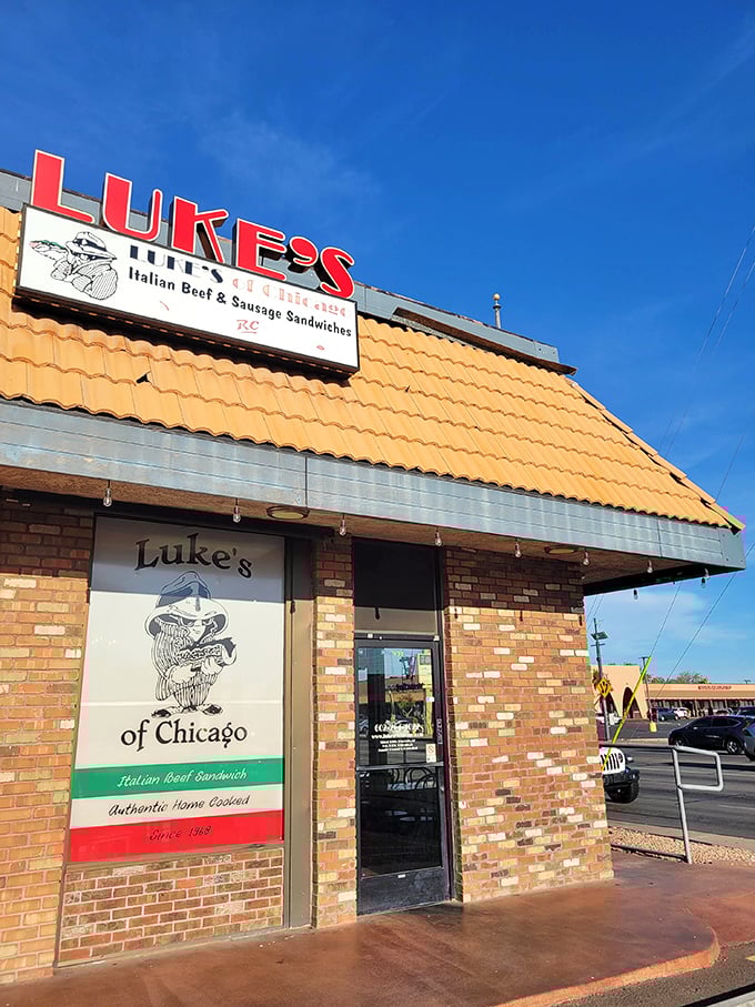 Luke's distinctive brick exterior stands ready for another day of satisfying homesick Chicagoans and converting Arizona locals to the ways of proper beef.