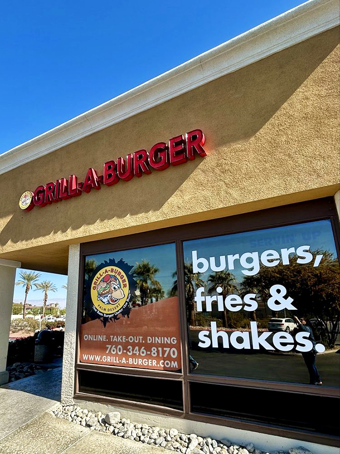 Bold signage promises "burgers, fries & shakes" – sometimes the best things come with honest advertising.