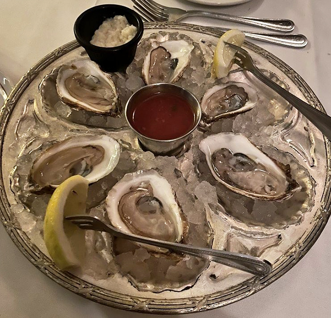 These oysters glisten like pearls on a silver platter, waiting to deliver their briny kiss of the sea with a squeeze of lemon.