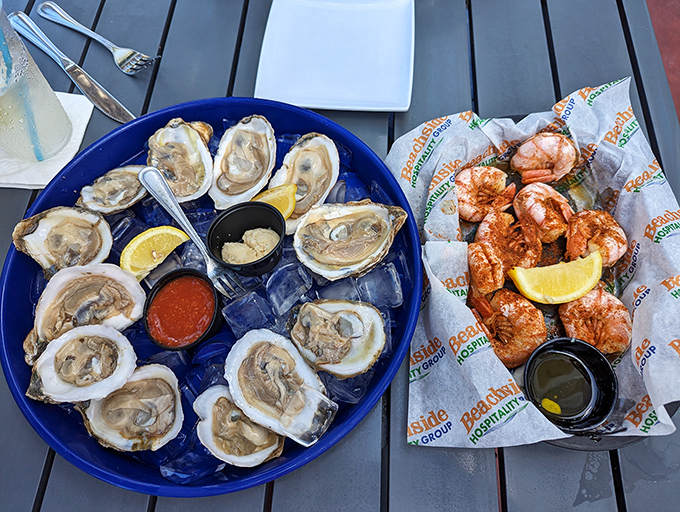 Fresh oysters and peel-and-eat shrimp: nature's way of saying "slow down and enjoy the moment." The ice keeps everything honest. 