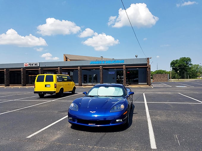 Even fancy cars need fantastic burgers. The diverse parking lot tells the story &ndash; good food is the great equalizer in American culture.