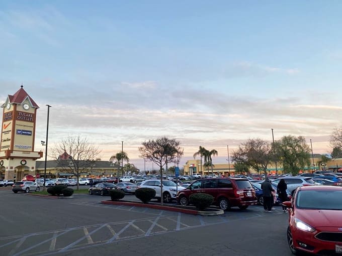 The parking lot at dusk&mdash;where California sunsets compete with the glow of satisfaction from shoppers clutching bags of bargains.