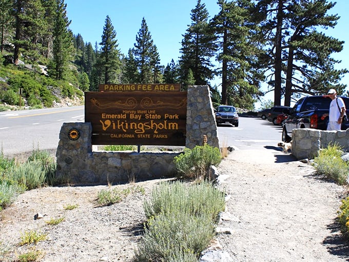 Your adventure begins here! The entrance sign to Emerald Bay State Park promises Nordic wonders just a mile-long hike away.