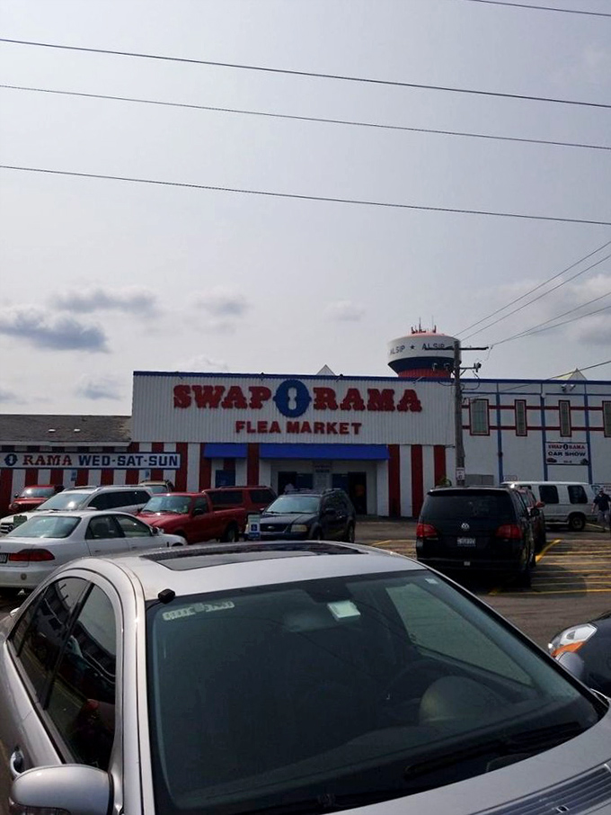 The packed parking lot&mdash;first challenge of the Swap-O-Rama experience. Each car represents a shopper armed with cash and the hope of finding something special.