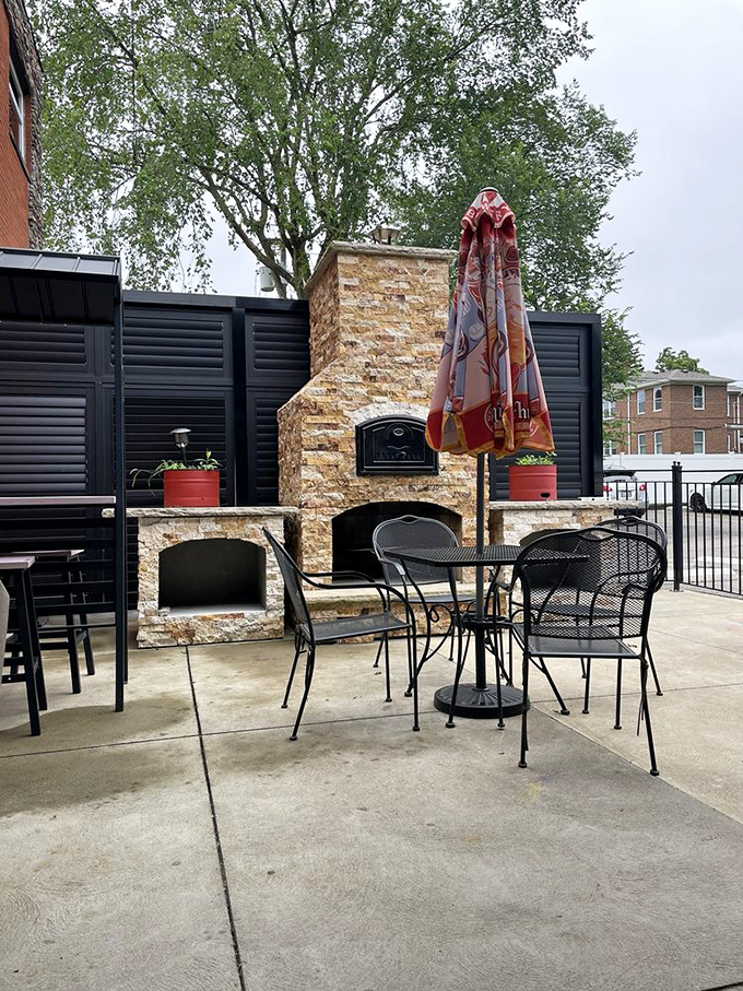 The outdoor patio's stone fireplace promises al fresco dining with ambiance. Even Ohio weather can't compete with the draw of craft beer under open skies.
