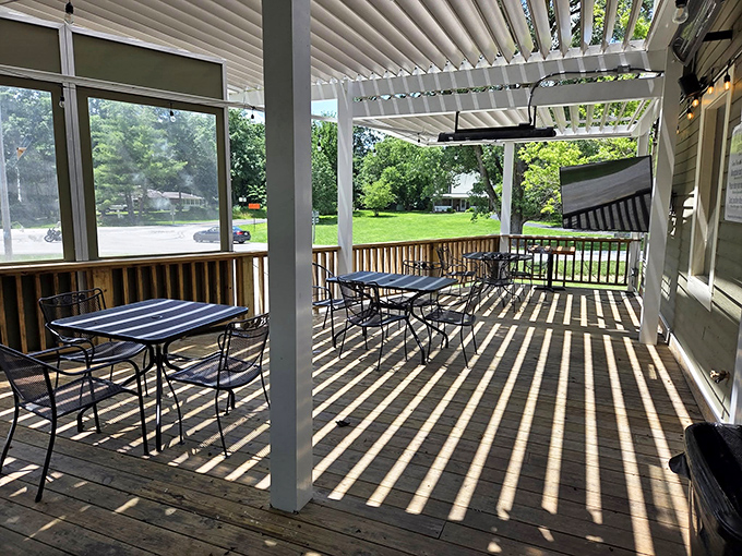 Dappled sunlight through wooden slats creates nature's most flattering filter for whatever deliciousness is about to grace your table.