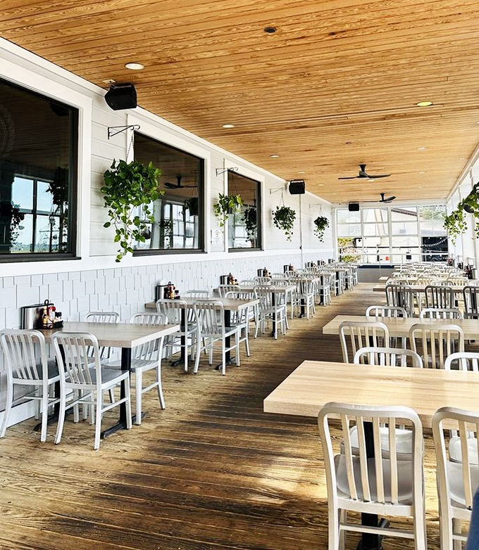 The covered patio offers bright, airy dining with hanging plants and wooden accents&mdash;casual elegance that lets the food and company shine.