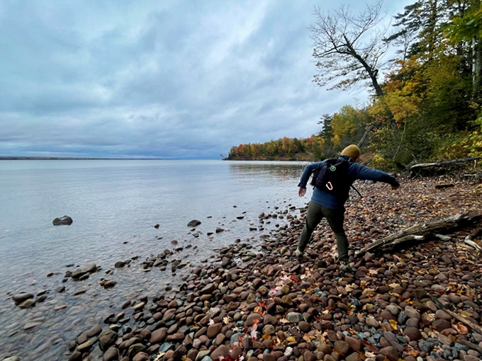 Stone skipping heaven where even amateurs can hit double digits. This rocky shoreline has witnessed countless "Watch this!" moments followed by varying degrees of success.