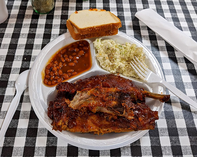 Ribs that don't need a filter—that smoke ring is the real deal, and those beans have clearly been simmering in pork-enhanced glory.
