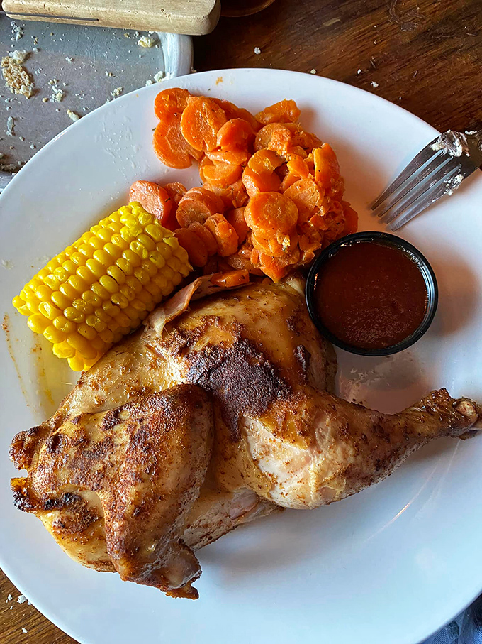 Golden rotisserie chicken that proves even poultry can shine alongside all that legendary barbecued beef excellence.