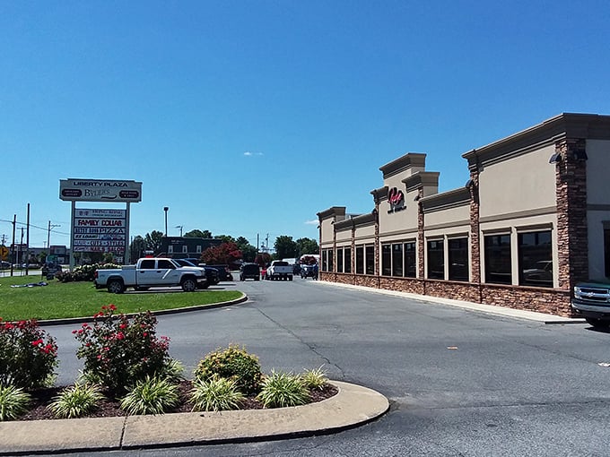 Shopping plazas provide practical amenities with small-town parking convenience. No fighting for spaces or hiking across asphalt deserts here.