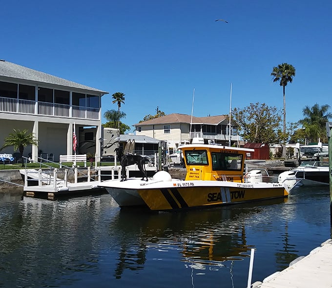 Sea Tow's bright yellow rescue boat stands ready&mdash;because even in paradise, sometimes your boat decides it's taking the day off.