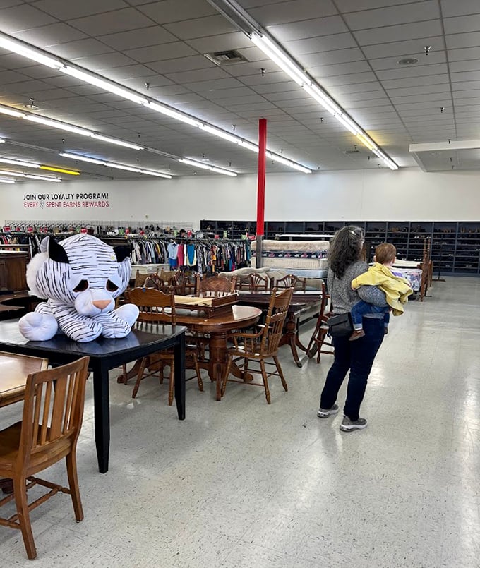 A stuffed tiger watches over dining sets and side tables, the unofficial mascot of SuperThrift's furniture department.