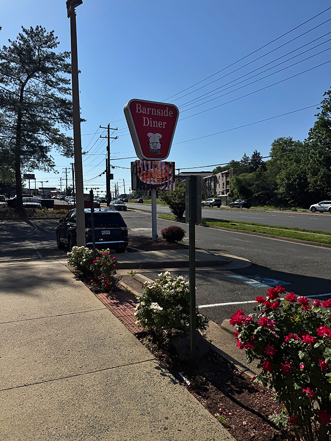 The roadside sign stands like a breakfast lighthouse, guiding hungry travelers safely to shore with promises of pancakes and eggs. 