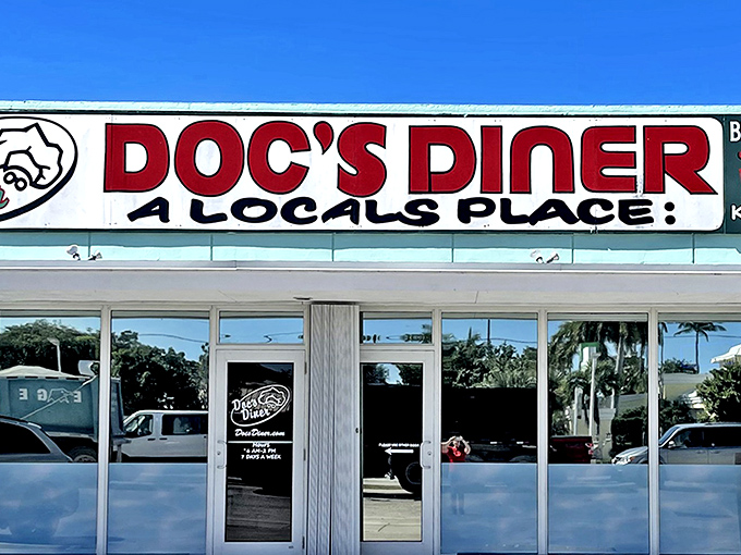 "DOC'S DINER: A LOCAL'S PLACE" &ndash; six words that promise authentic Florida Keys dining without pretension. The red lettering practically guarantees good food.