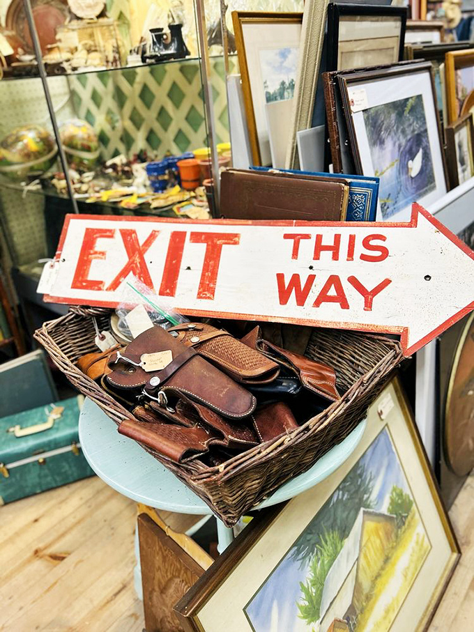 That "EXIT THIS WAY" sign sits ironically atop treasures you definitely want to enter your life immediately.