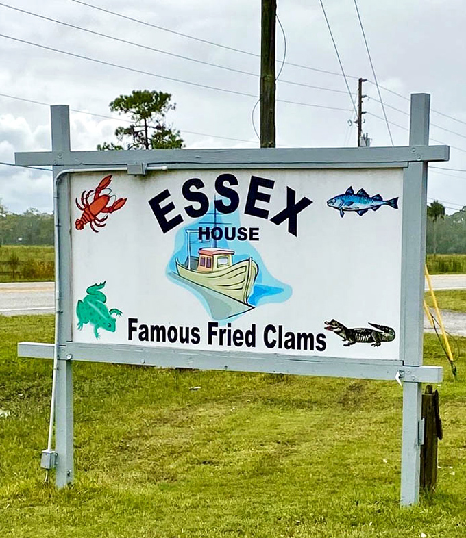 The roadside sign announces its specialty without apology &ndash; "Famous Fried Clams" isn't marketing; it's just stating facts.
